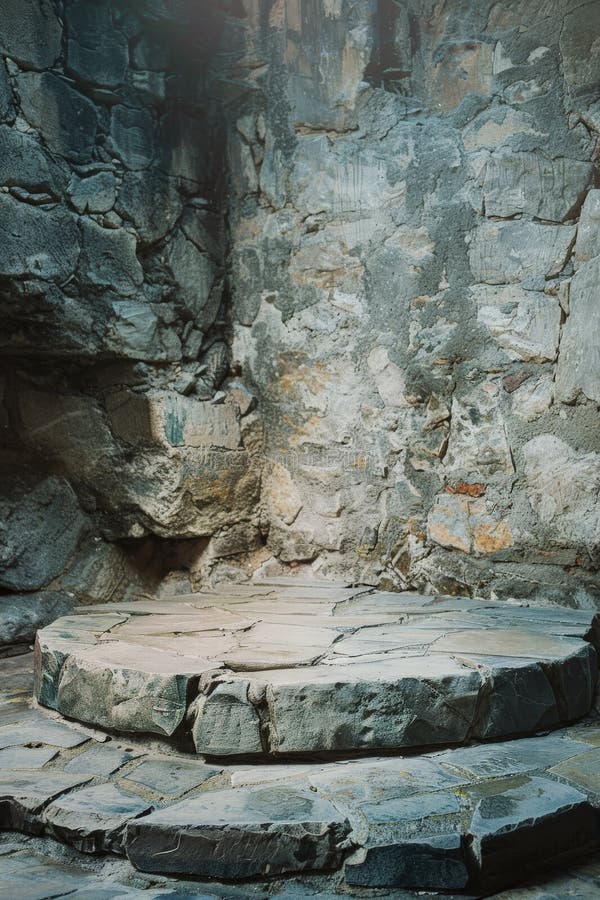 A Stone Podium Made of Volcanic Rock, Set Against a Backdrop of Flowing ...