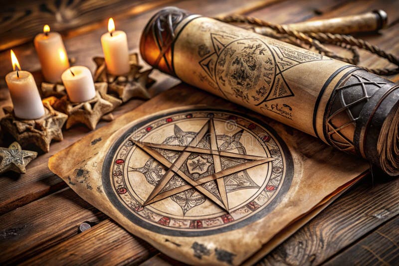 Ancient Magic Spell Scroll Featuring Intricate Pentagram and Mystical ...