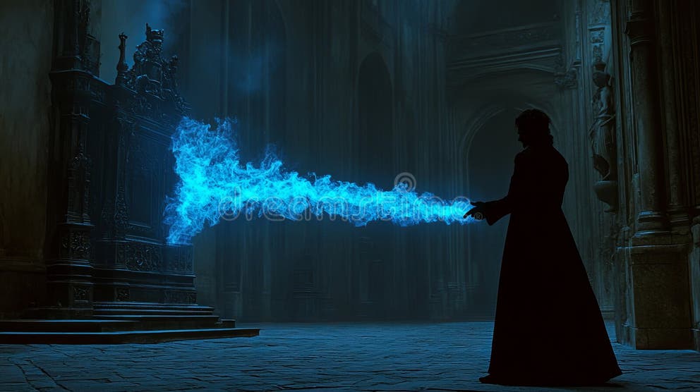 Ancient Magic Unleashed Wizard Conjuring Blue Arcane Energy in Gothic ...