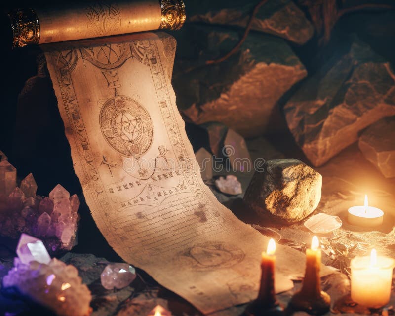 Ancient Magical Scroll in Mystical Cave with Crystals and Candlelight ...