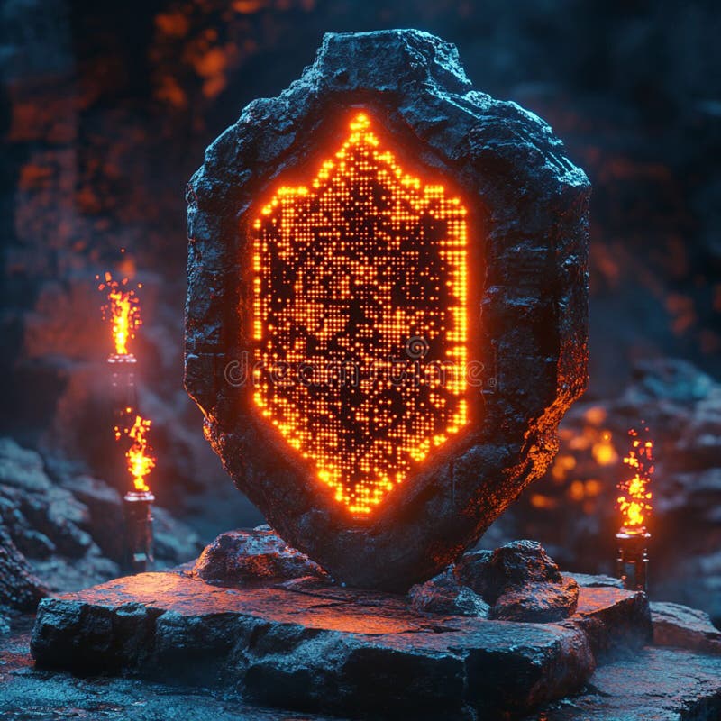Ancient Magical Stone with Glowing Digital Patterns. Stock Illustration ...