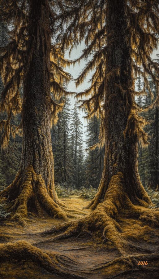 Ancient, Majestic Cedar Forest with Sunrays and Lush, Moss-Covered ...