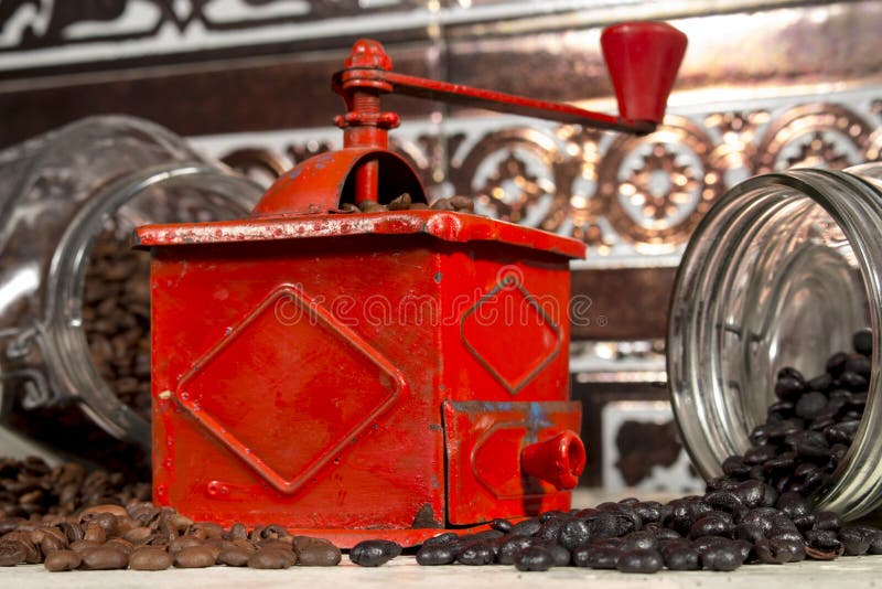 Ancient Manual Coffee Grinder beside Coffee Beans Stock Image - Image ...