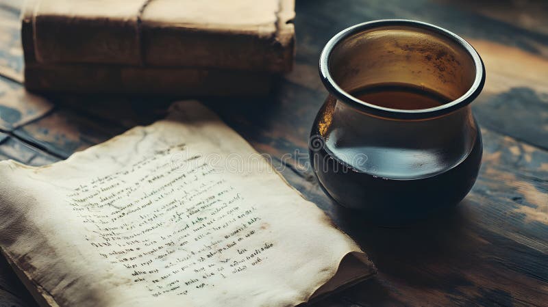 Ancient Manuscript and Ink Pot Stock Illustration - Illustration of ...