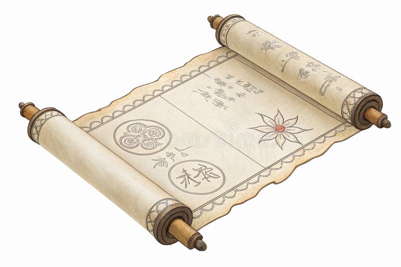 Ancient Manuscript Scroll with Decorative Symbols and Floral Design on ...
