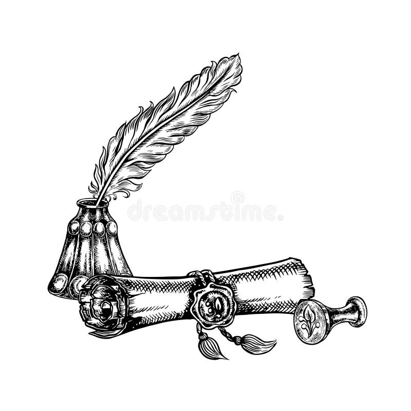 An Ancient Manuscript, a Scroll, a Sealed Inkwell and a Pen. Vector ...