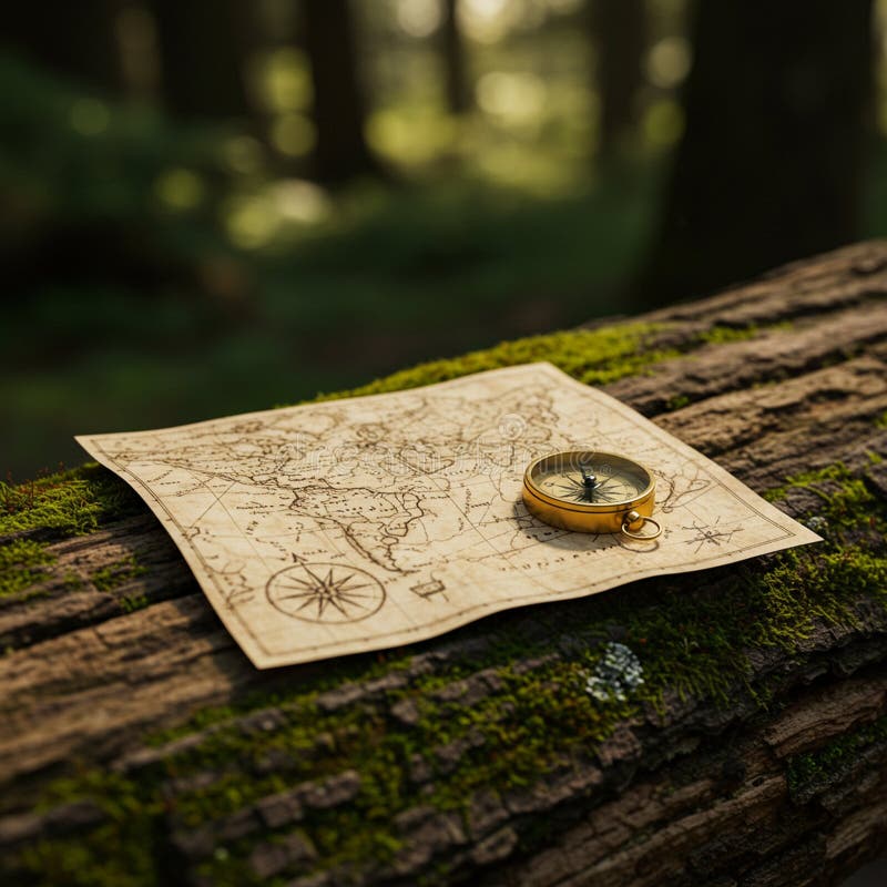 Ancient Map and Brass Compass Placed on a Moss-covered Log in a Lush ...