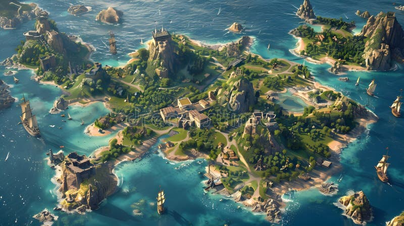 Ancient Map of Broken Islands with Scenic Views Stock Illustration ...