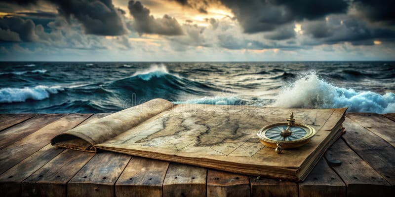 Ancient Map and Compass on Weathered Wood with a Dramatic Ocean ...