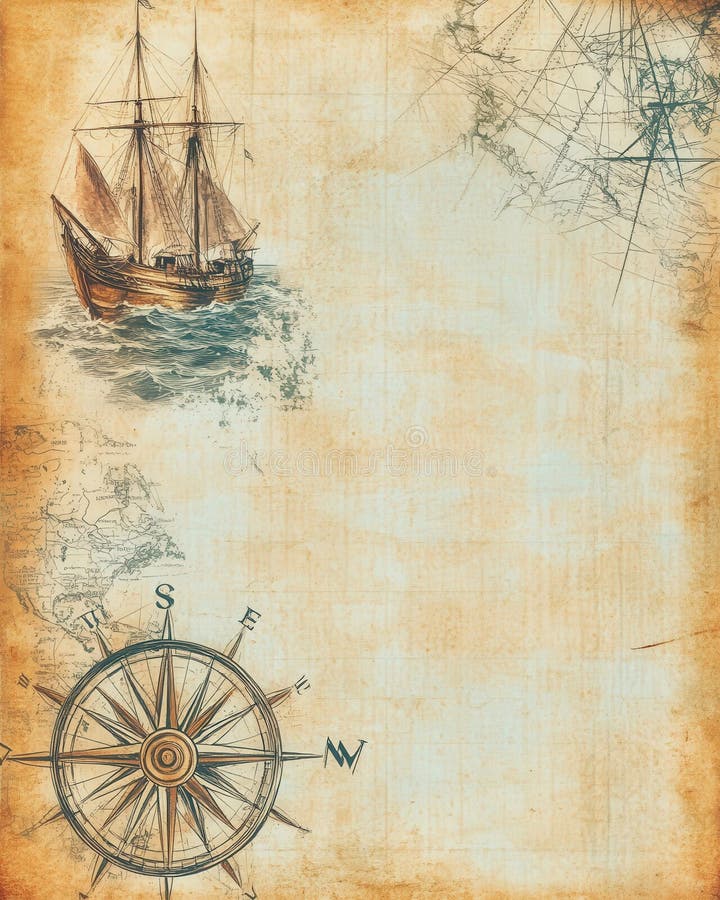 An Ancient Map Featuring a Compass and a Ship Drawn upon it Stock Image ...