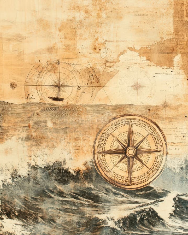 An Ancient Map Featuring a Compass and a Ship Drawn upon it Stock Photo ...