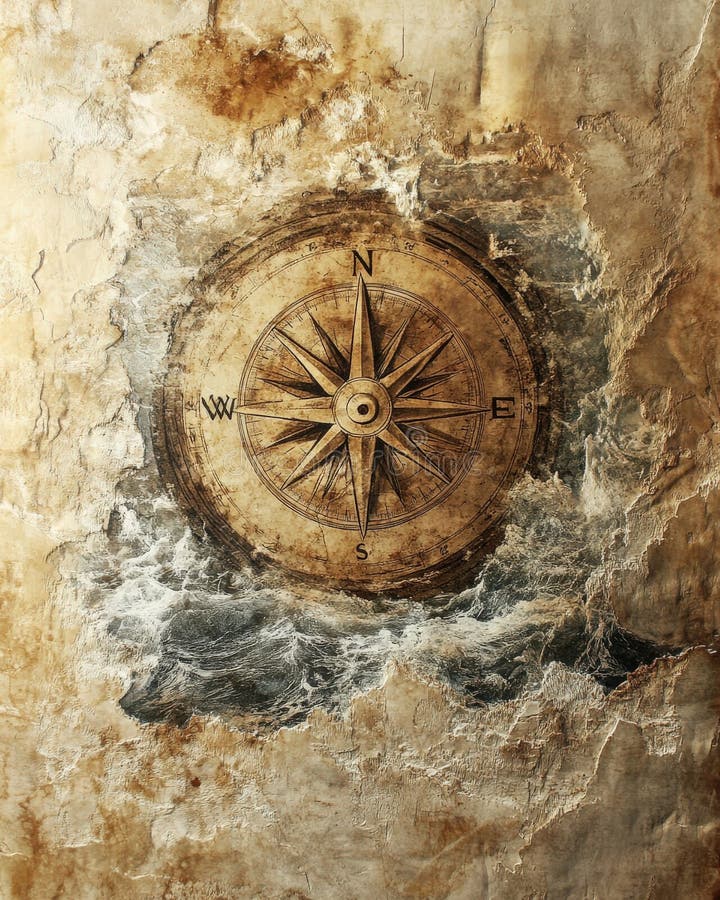 An Ancient Map Featuring a Compass and a Ship Drawn upon it Stock Photo ...