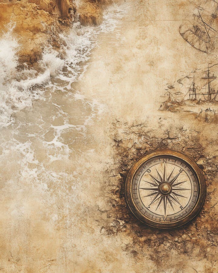 An Ancient Map Featuring a Compass and a Ship Drawn upon it Stock Image ...