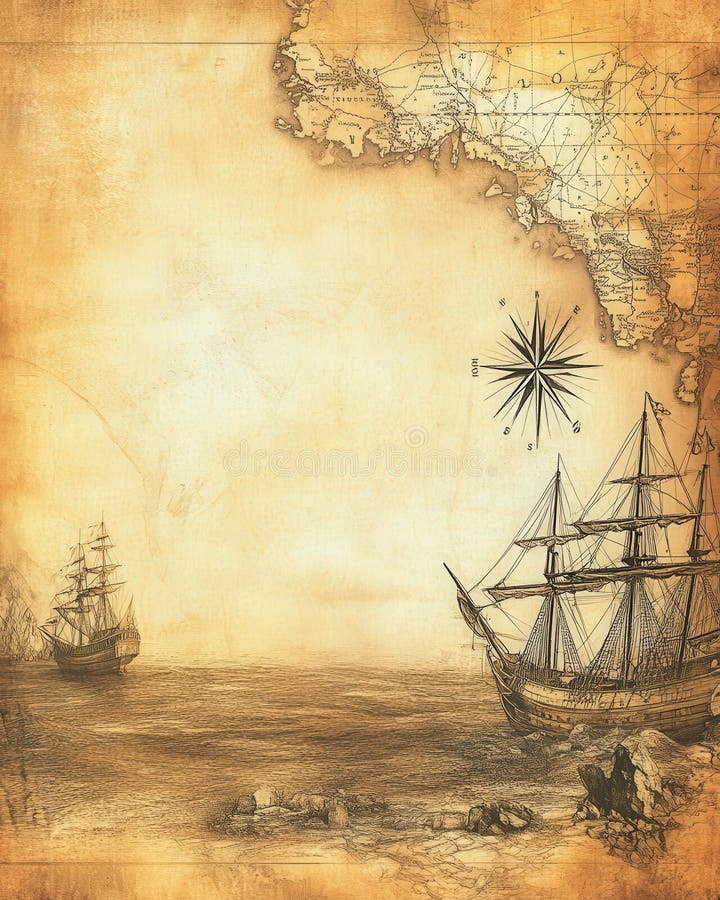 An Ancient Map Featuring a Compass and a Ship Drawn upon it Stock Image ...