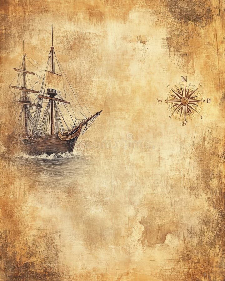 An Ancient Map Featuring a Compass and a Ship Drawn upon it Stock Image ...