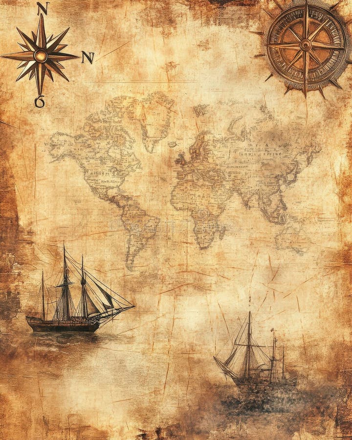 An Ancient Map Featuring a Compass and a Ship Drawn upon it Stock Photo ...
