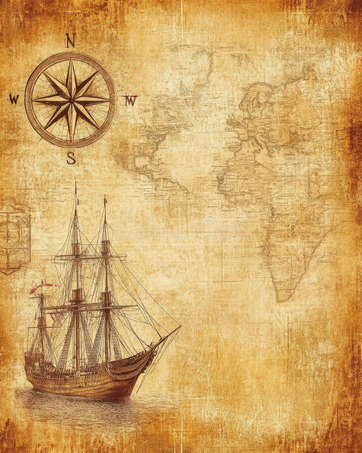 An Ancient Map Featuring a Compass and a Ship Drawn upon it Stock Image ...