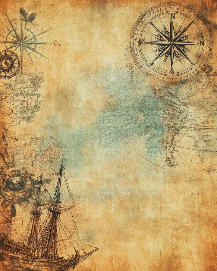 An Ancient Map Featuring a Compass and a Ship Drawn upon it Stock Photo ...