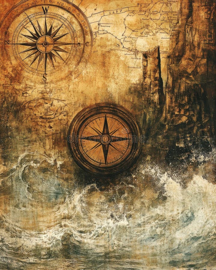 An Ancient Map Featuring a Compass and a Ship Drawn upon it Stock Image ...