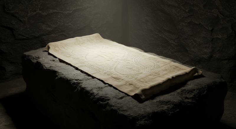 Ancient Map Resting on Stone Block with Dramatic Lighting in Cave Stock ...