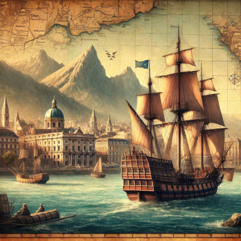 Ancient Map Retro Ship Sailing in Ocean and Antique City Conceptual ...