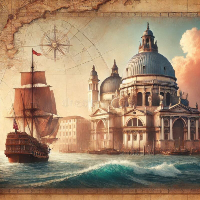 Ancient Map Retro Ship Sailing in Ocean and Antique City Conceptual ...