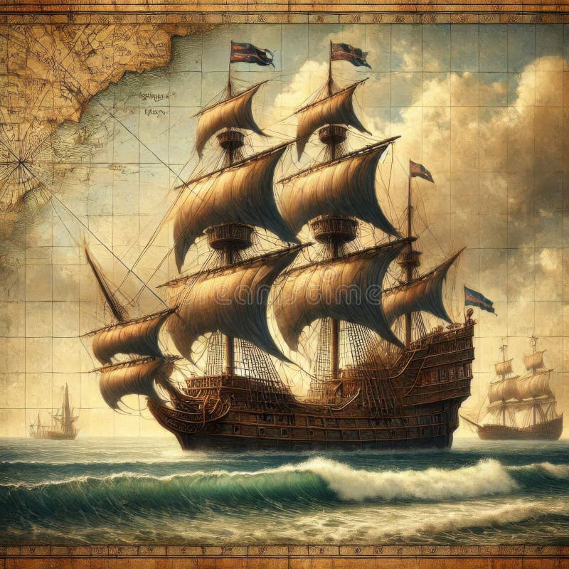 Ancient Map Retro Ship Sailing in Ocean and Antique City Conceptual ...