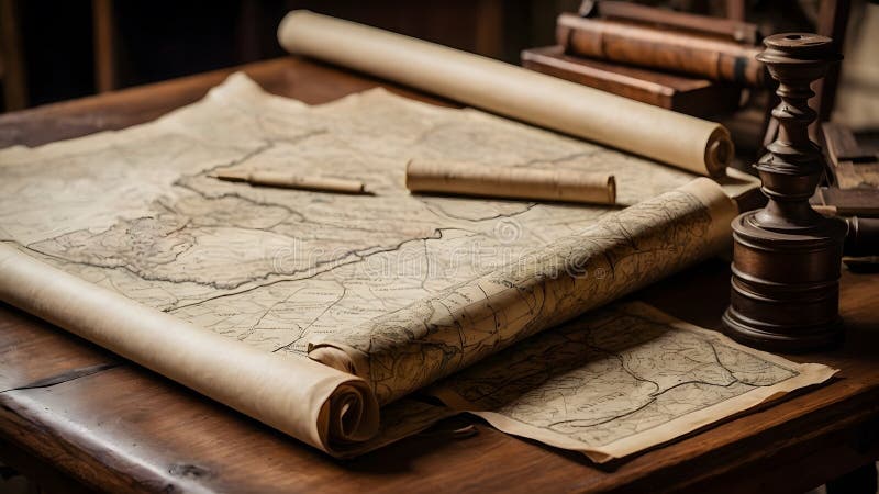 An Ancient Map Displayed on a Wooden Table with Stationery and a Gavel ...