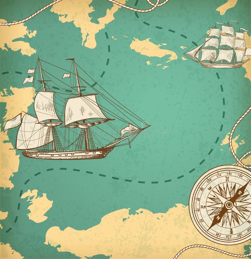 Ancient Map with Ships and Compass Stock Vector - Illustration of ...