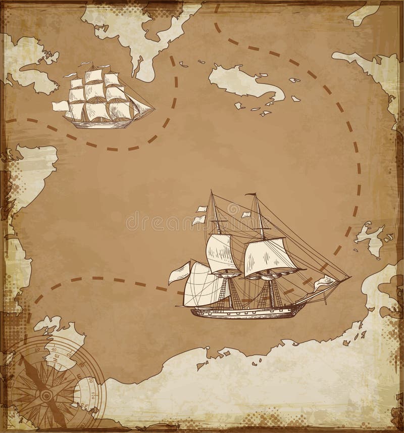 Ancient map with ships. stock vector. Illustration of retro - 73861993