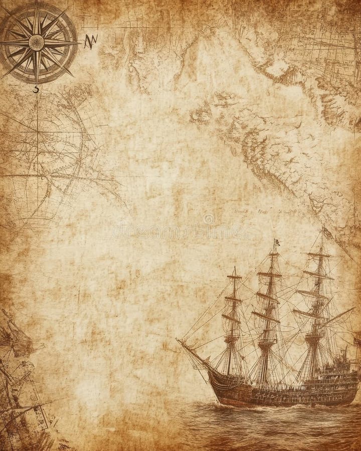 An Ancient Map of the World Featuring a Ship and a Compass upon it ...