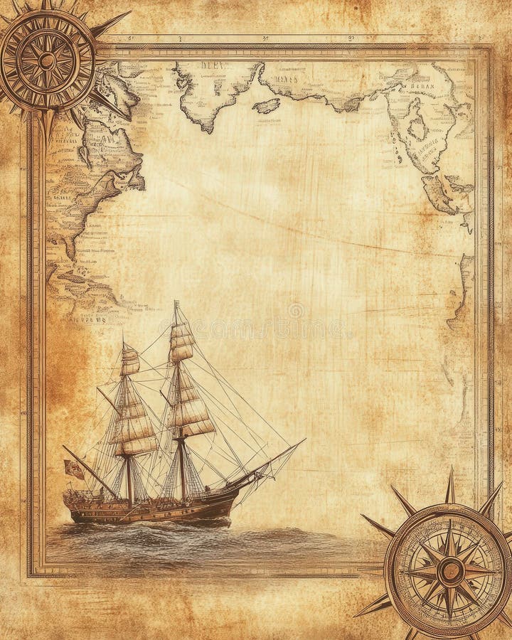 An Ancient Map of the World Featuring a Ship and a Compass upon it ...