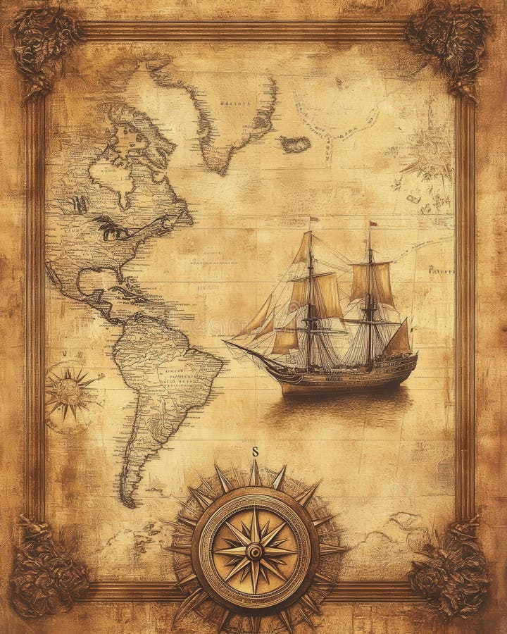 An Ancient Map of the World Featuring a Ship and a Compass upon it ...