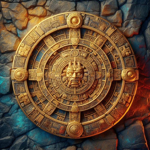 Ancient Aztec Calendar Stone – Golden Sun Stone with Intricate Carvings ...