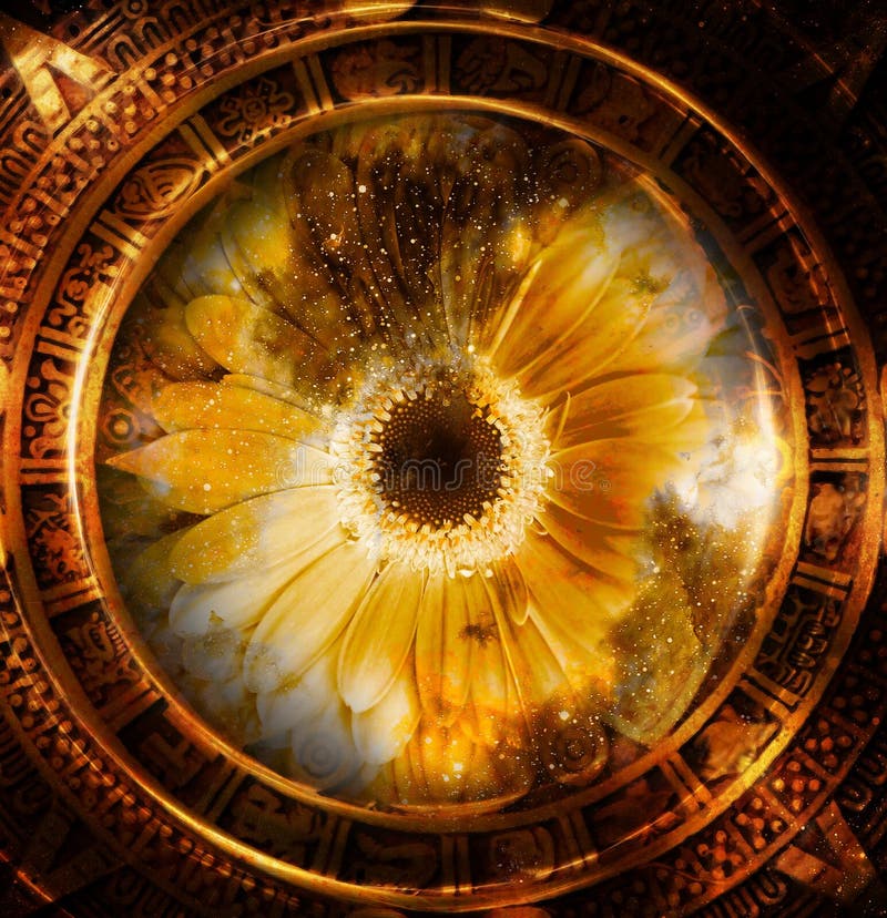 Ancient Mayan Calendar and Flower, Abstract Color Background, Computer ...