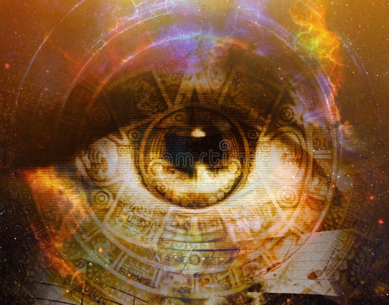 Ancient Mayan Calendar and Woman Eye, Abstract Color Background ...
