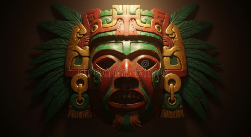 Ancient Mayan Mask: Red Green Gold Stone Carving Stock Illustration ...
