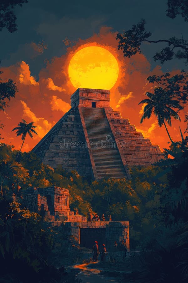 Ancient Mayan Pyramid Illuminated by Setting Sun in Lush Jungle ...