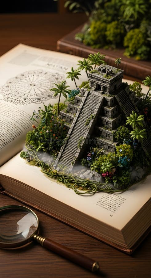 Ancient Mayan Pyramid Model Emerges from an Open Book, Surrounded by ...