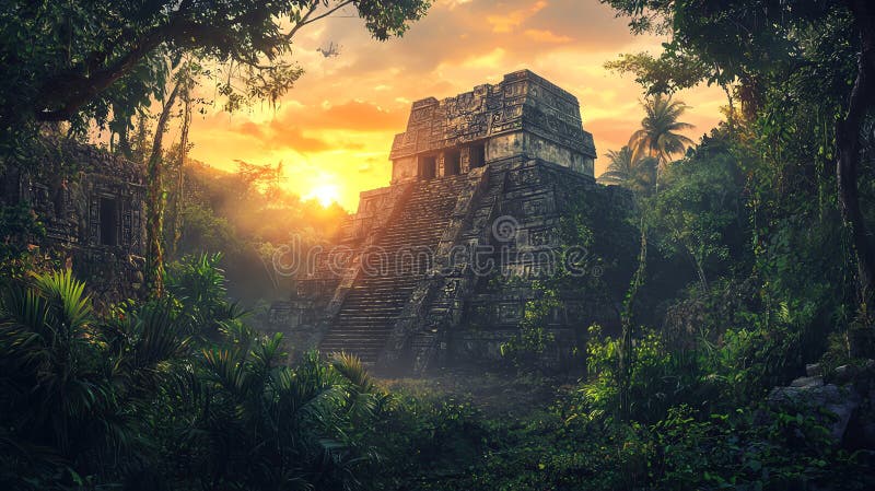 Ancient Mayan Pyramid Shrouded in Jungle Mist at Sunset Stock ...