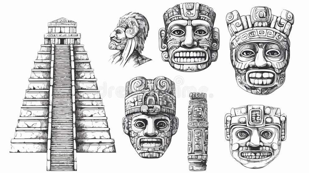 Ancient Mayan Temple and Mask Engraving Set for HD Designs Stock Vector ...