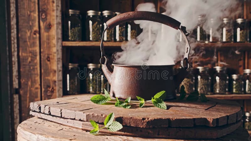 Traditional Herbal Remedy Cooking in Cast Iron Pot with Rising Steam ...