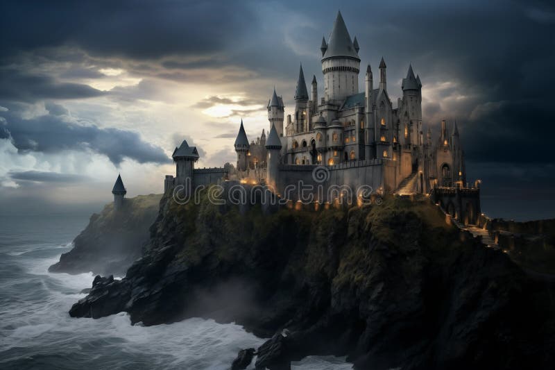 Ancient Medieval Castle on Rocky Cliff Atmospheric Background ...