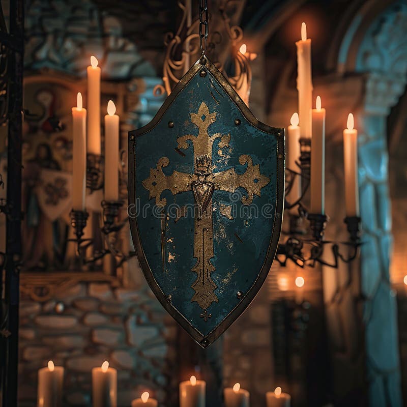 Ancient Medieval Shield with Cross, Decorated in Blue and Silver Stock ...