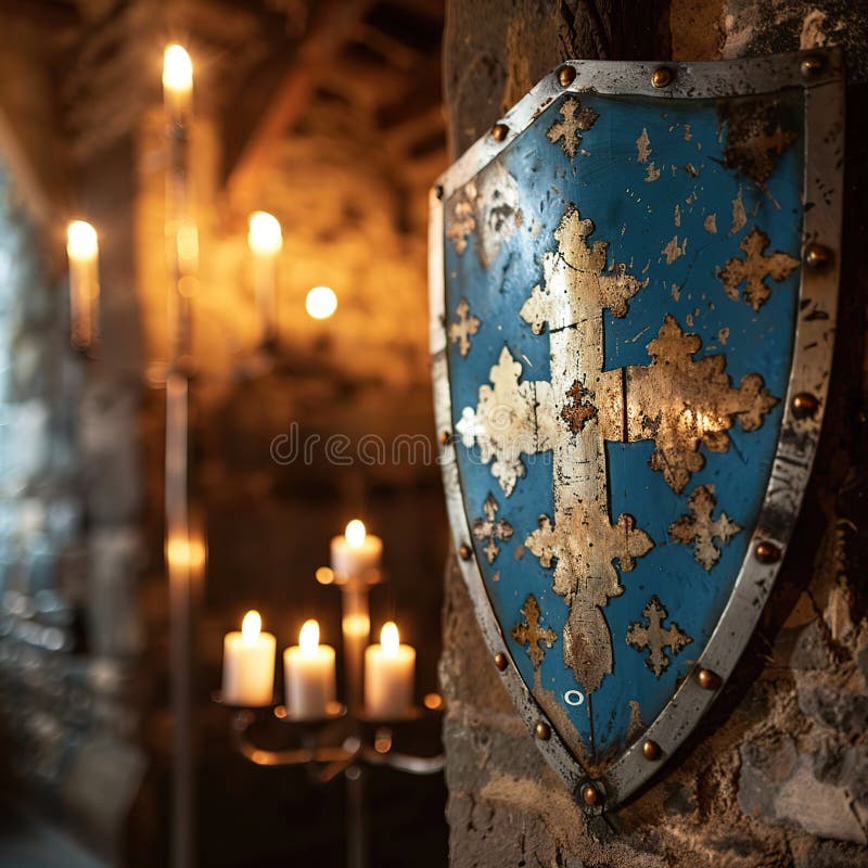 Ancient Medieval Shield with Cross, Decorated in Blue and Silver Stock ...