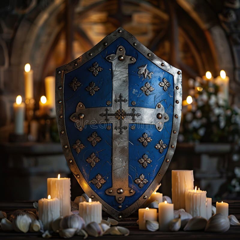 Ancient Medieval Shield with Cross, Decorated in Blue and Silver Stock ...