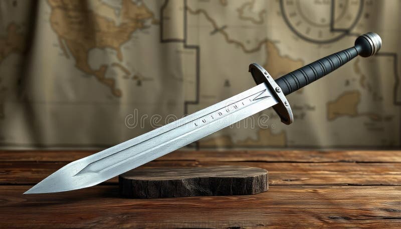Ancient Medieval Sword Displayed on Wooden Surface Against a Vintage ...