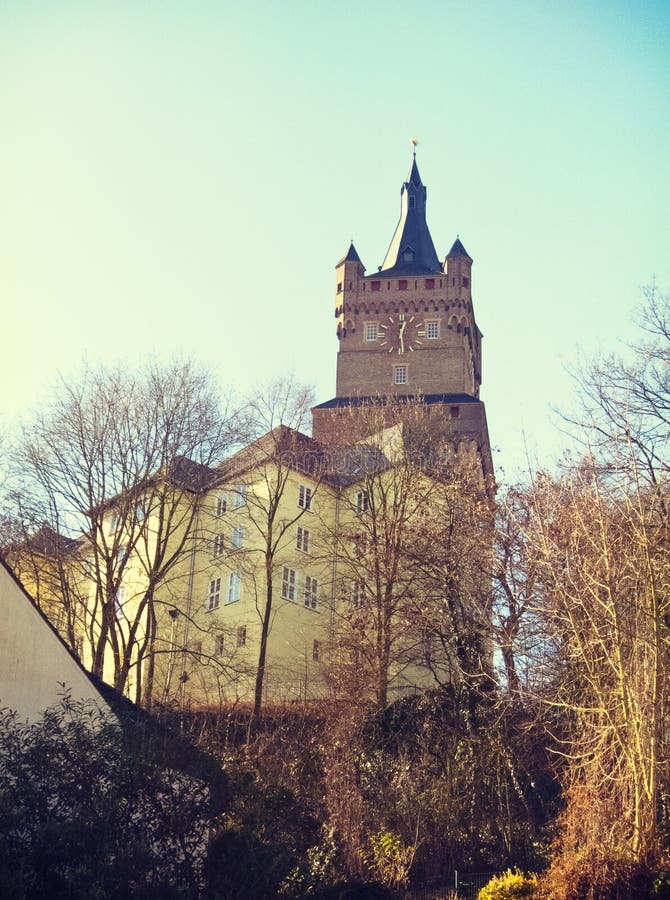 Ancient Medieval Town Castle Stone Tower with Clock on the Hill Stock ...