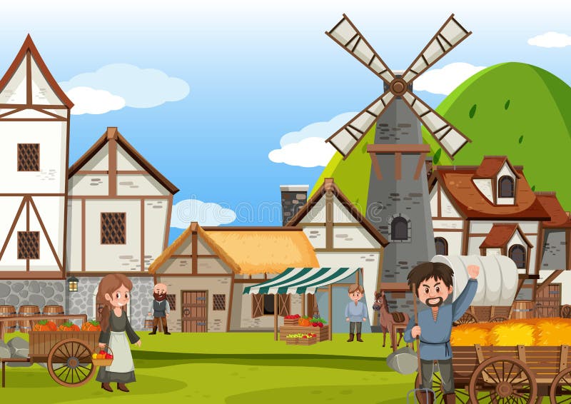 Ancient Medieval Village Scene with Villagers Stock Vector ...