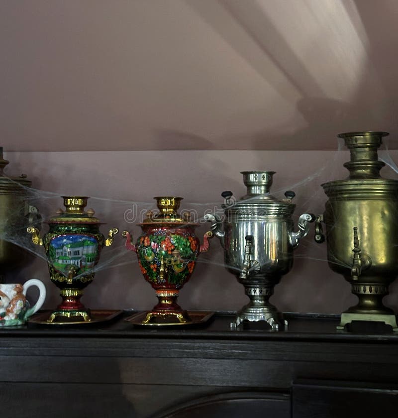 Ancient Samovars or Metal Kettles in a Web Stock Photo - Image of ...